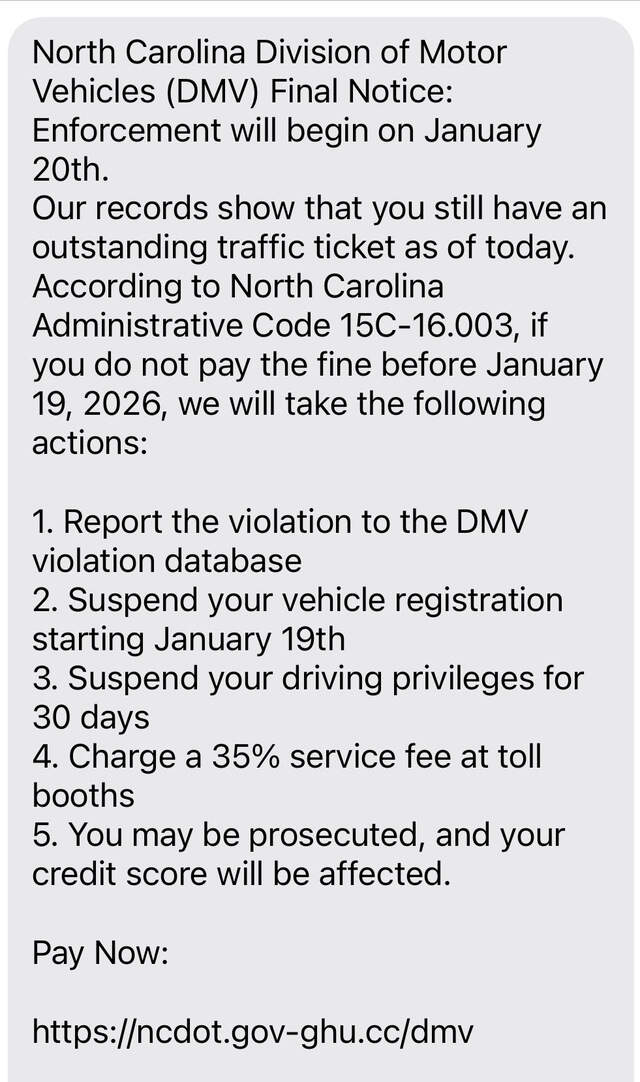 NC officials warn of new scam text messages from the DMV | Raleigh News ...
