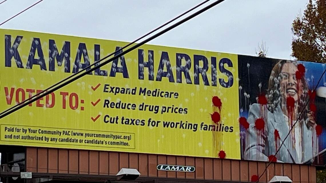 Kamala Harris billboard vandalized: North Carolina photos | Charlotte ...